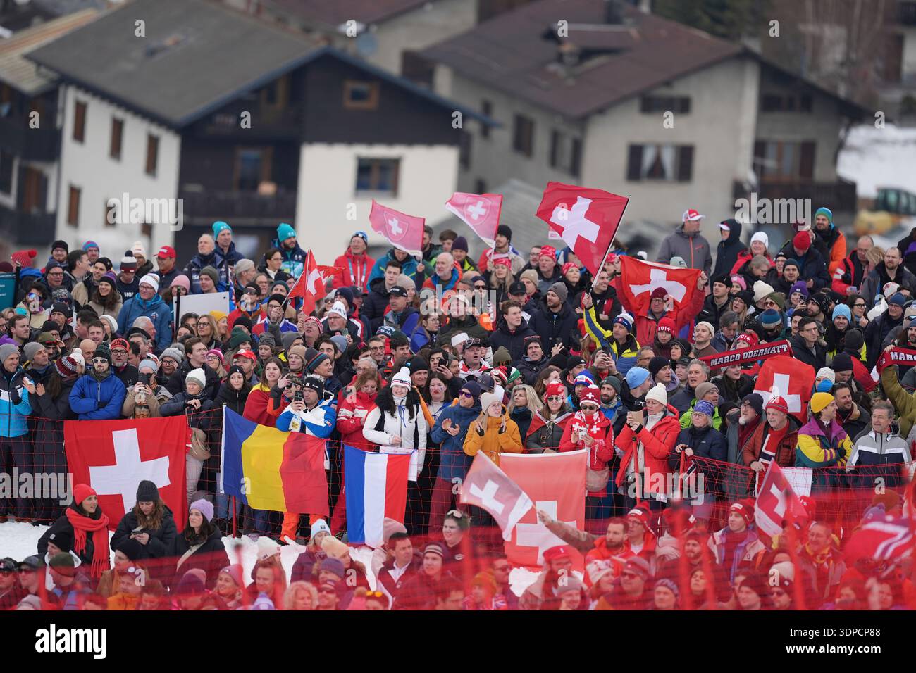Fans wave flags as they watch an alpine ski, men's giant slalom race ...