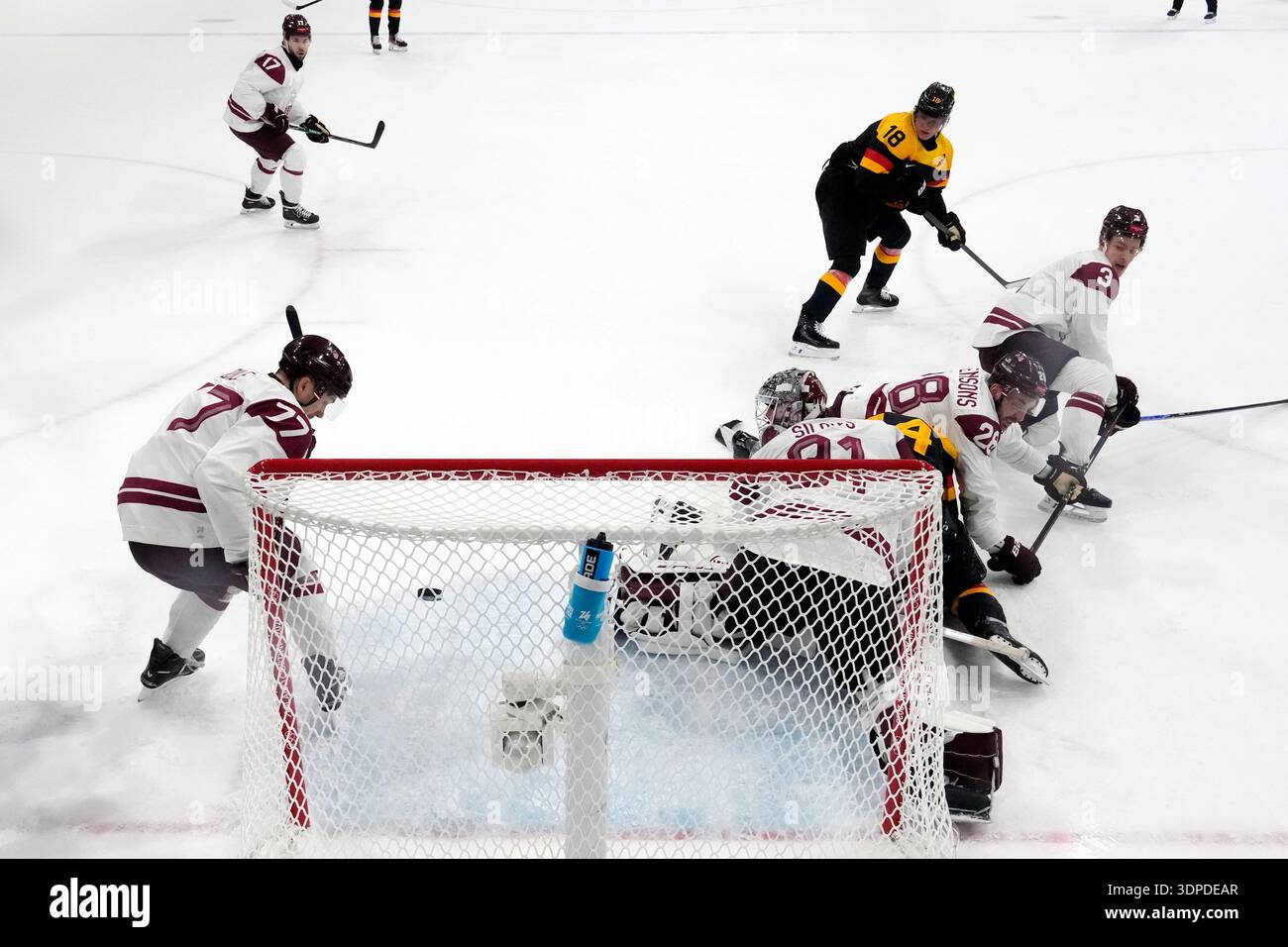 Germany's Tim Stutzle (18) scores his side's third goal during a ...
