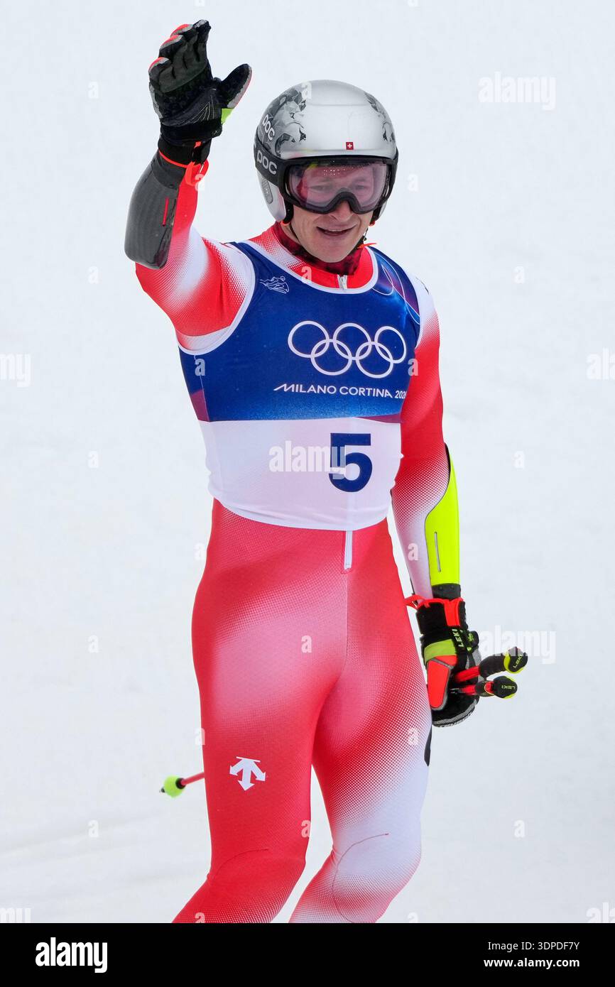 Switzerland's Marco Odermatt reacts at the finish area after completing ...