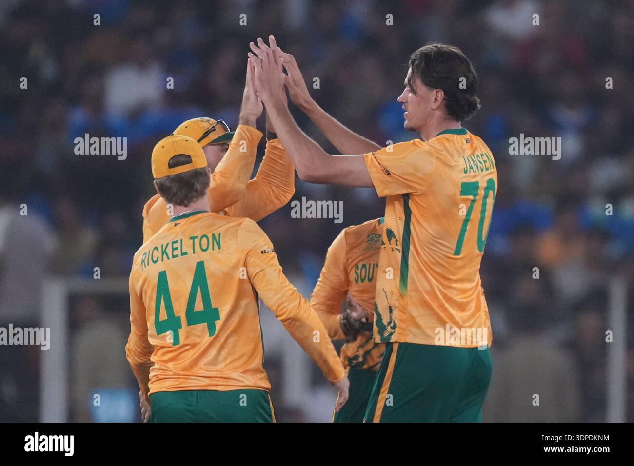 South Africa's Marco Jansen, right, celebrates with teammates the ...