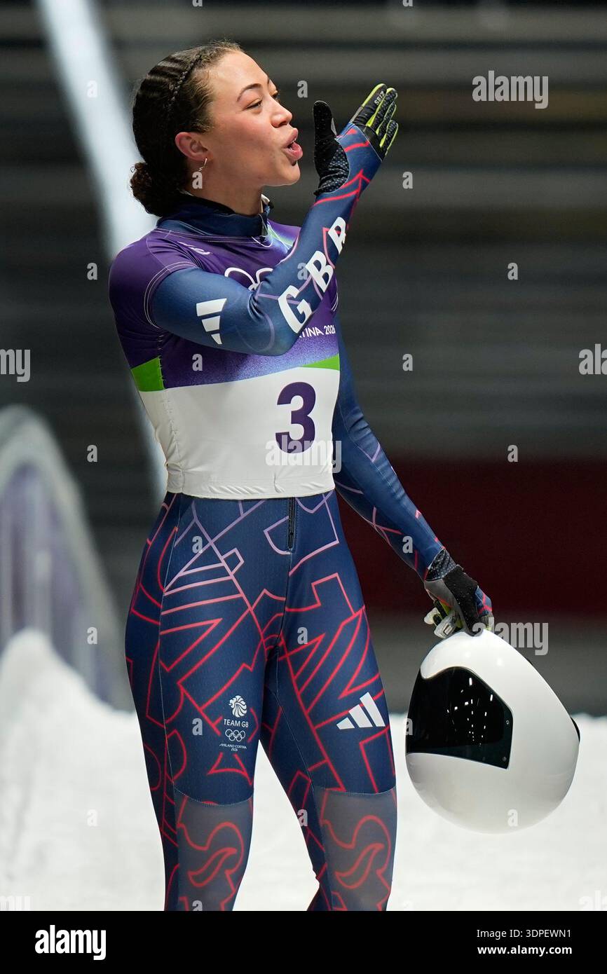 Britain's Tabitha Stoecker arrives at the finish during a women's ...