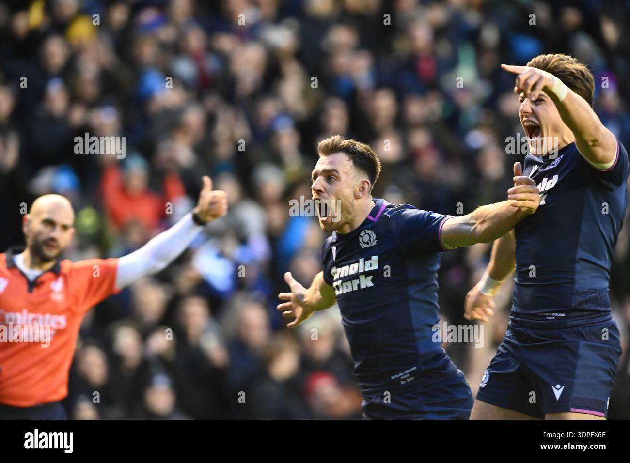 Ben white of scotland celebrates his try with tom jordan hi-res stock ...