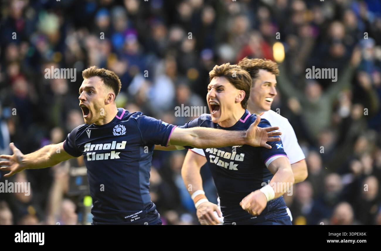 Ben white of scotland celebrates his try with tom jordan hi-res stock ...