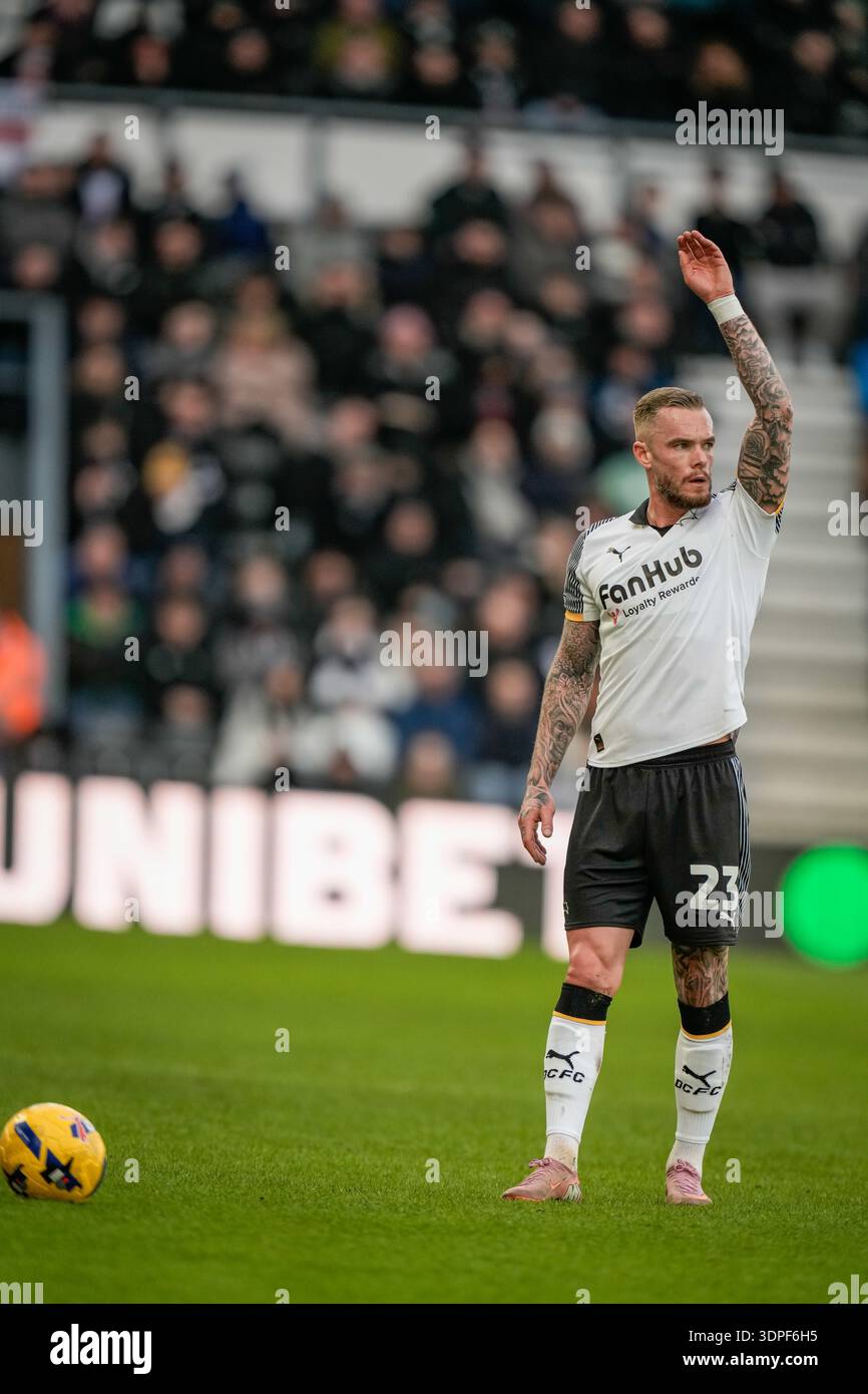 Joe Ward of Derby County prepares to take a free kick during the Sky ...