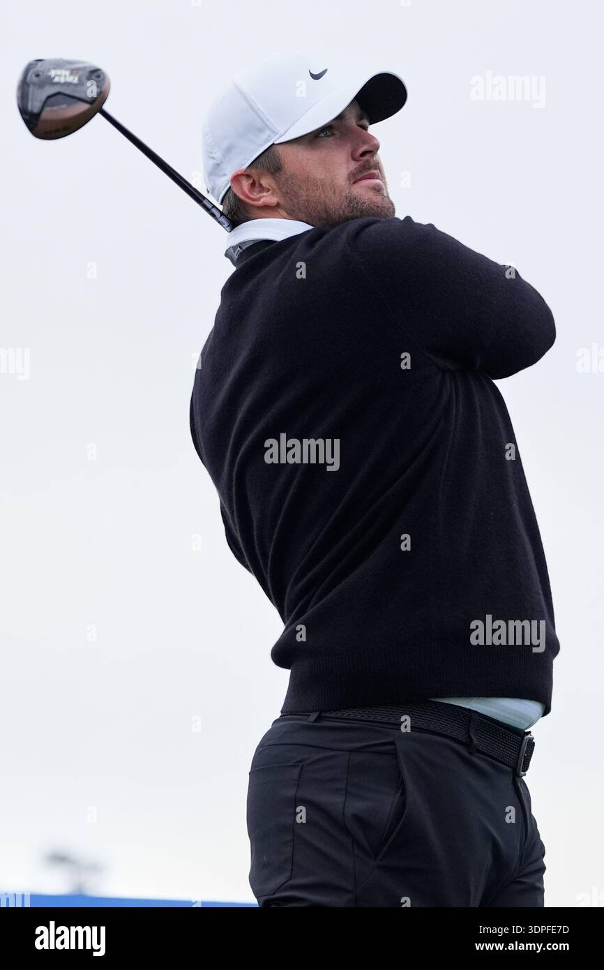 Chris Gotterup hits from the third tee at Pebble Beach Golf Links ...