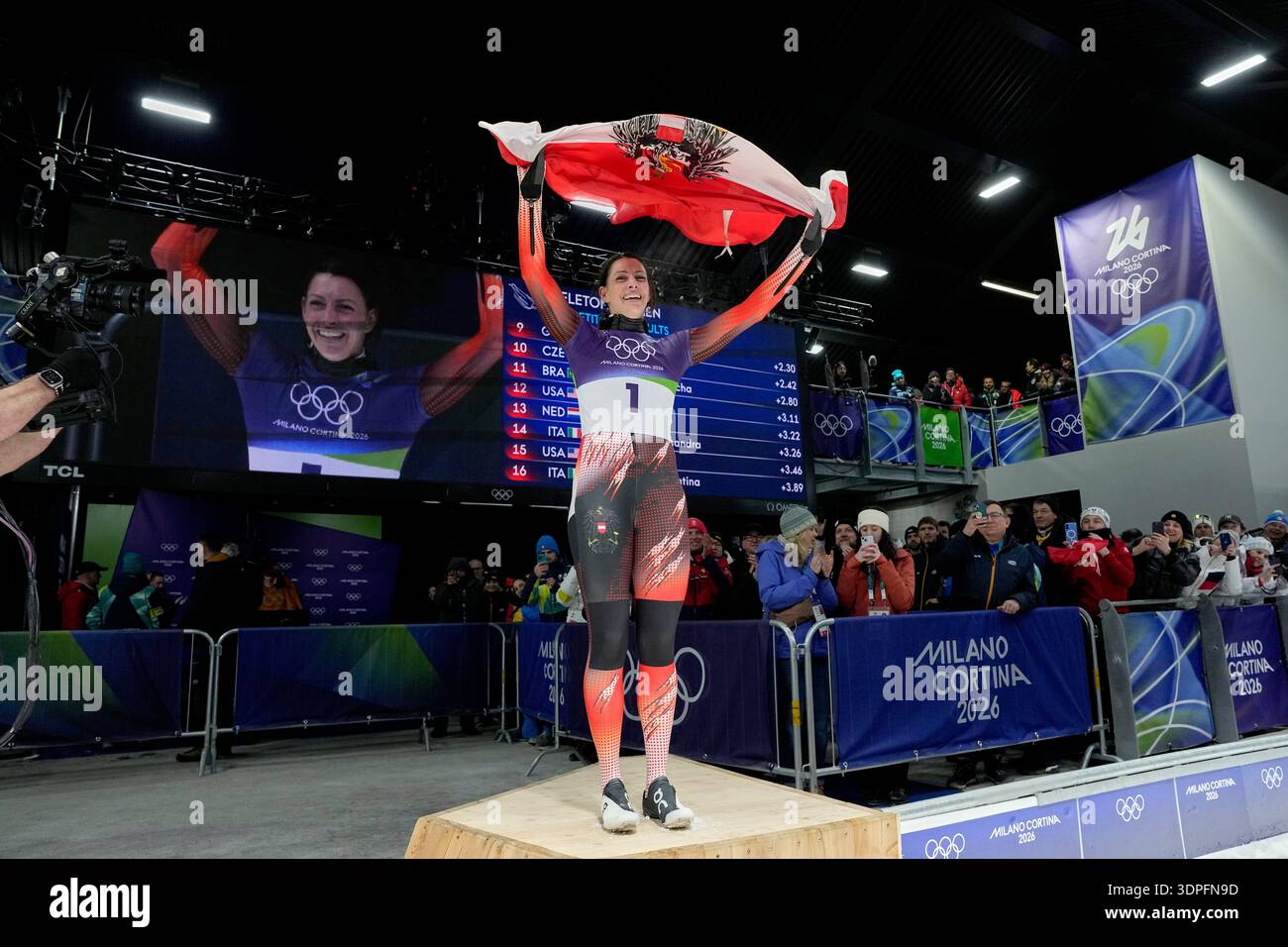 Austria's gold medalist Janine Flock celebrate as she arrives at the ...