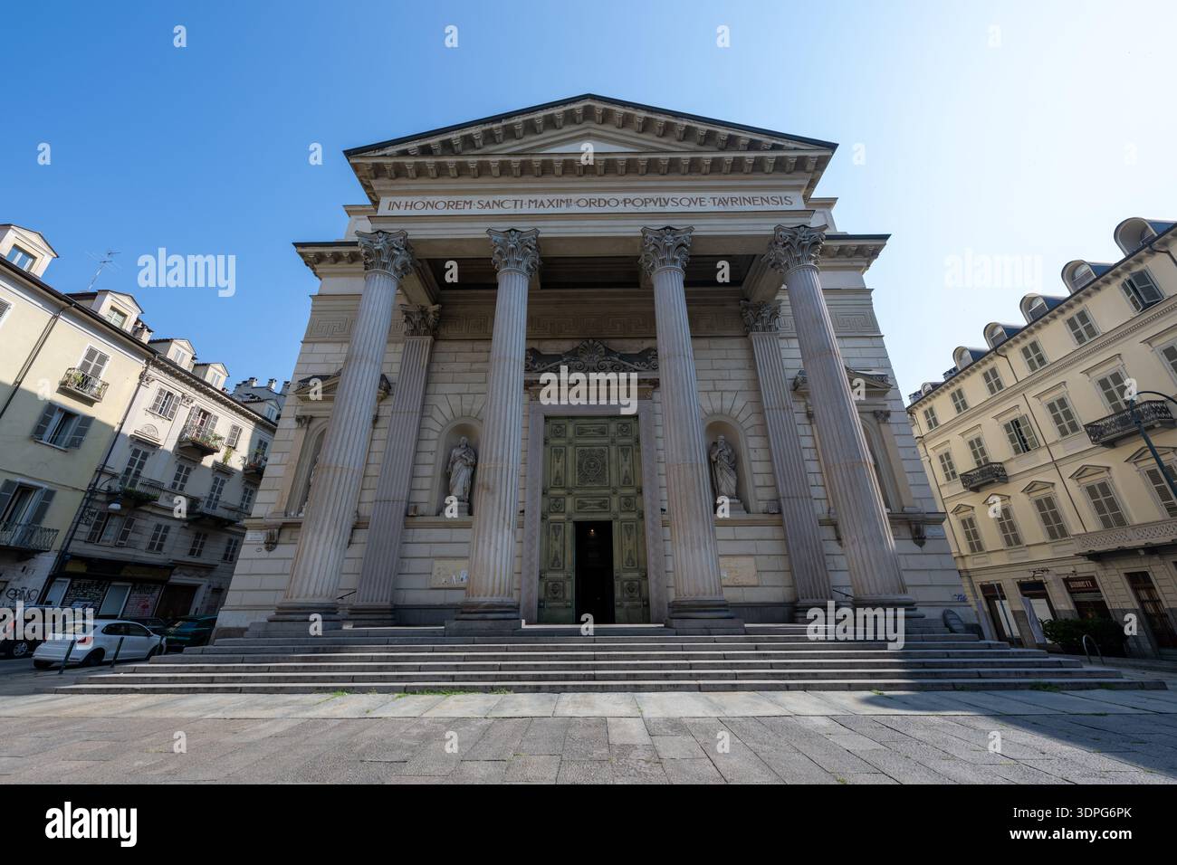 Neoclassical facade of the Church of Saint Maximus of Turin with ...