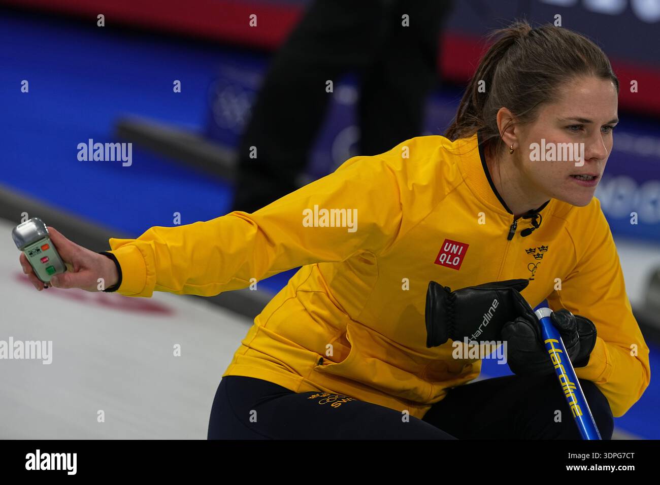 Sweden's Anna Hasselborg in action during the women's curling round ...