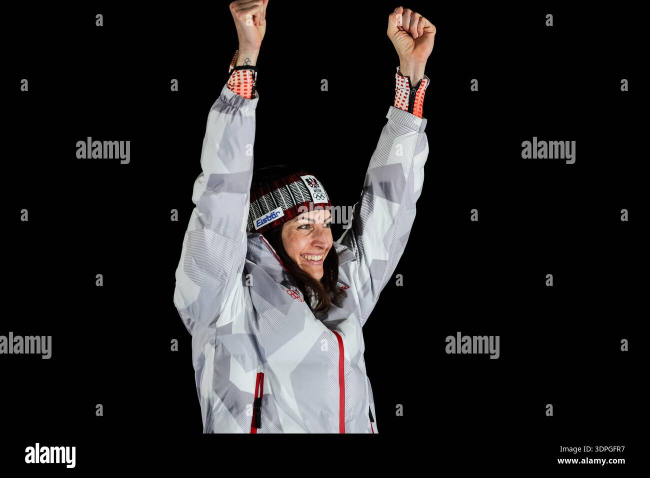 Janine Flock (AUT) 1st place, Gold Medal happiness on podium during the ...