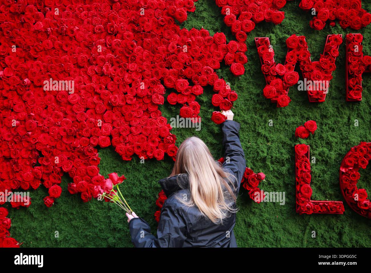 London, UK. 14 February 2026. Crowds gather at the 'Roses from BTS ...