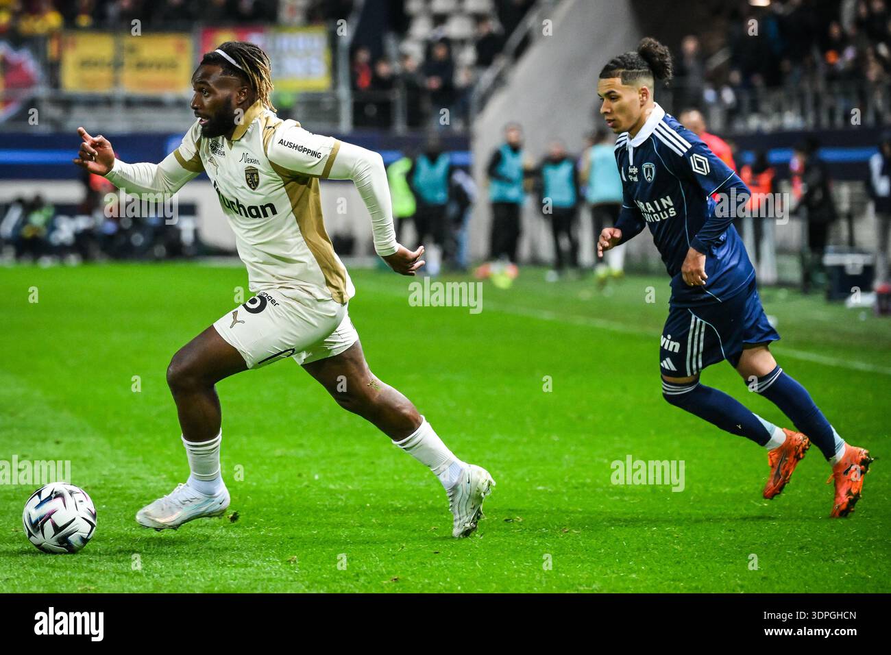 Allan SAINT-MAXIMIN of Lens and Ilan KEBBAL of Paris FC during the ...