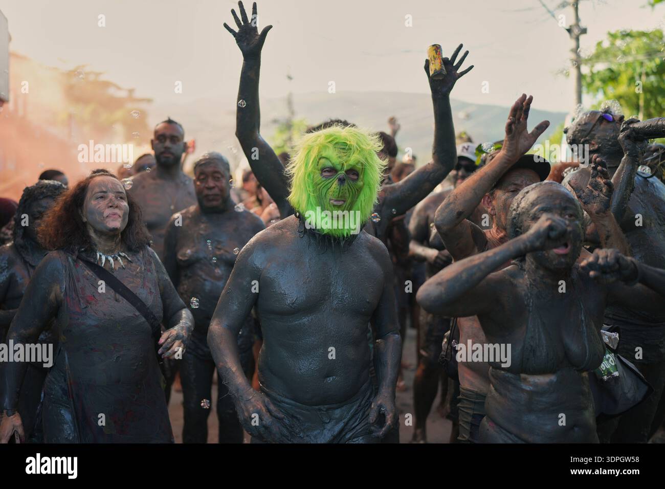 A reveler wears a Grinch mask during the Mud Block carnival party in ...