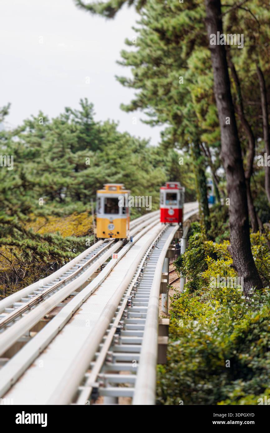Haeundae Blue Line Park, Busan, ride on multicoloured sky capsule train ...