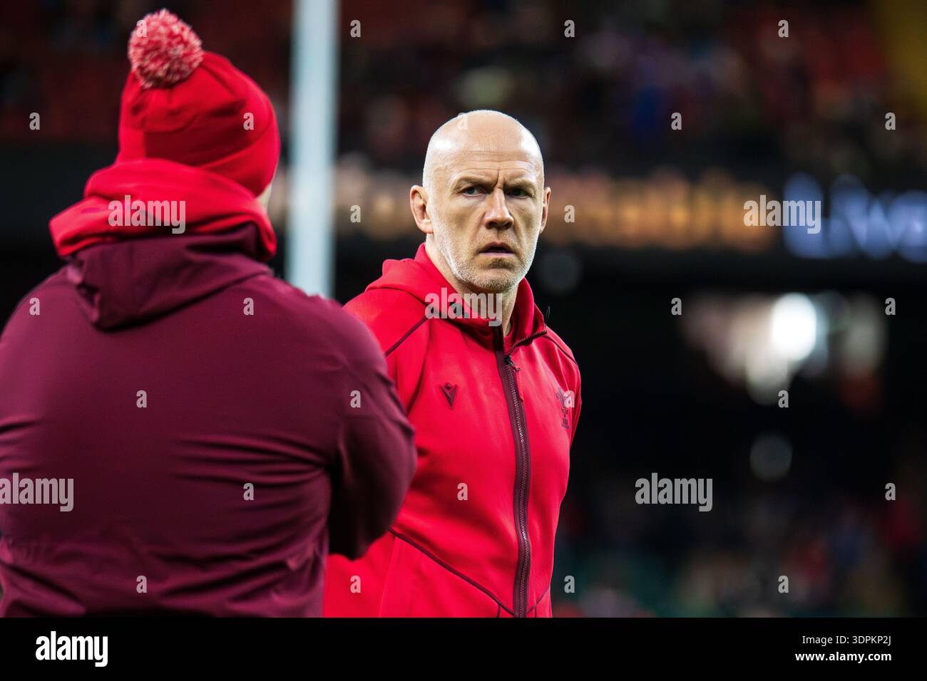 Cardiff, UK, 15th February 2026 Wales coach Steve Tandy looks on at his ...