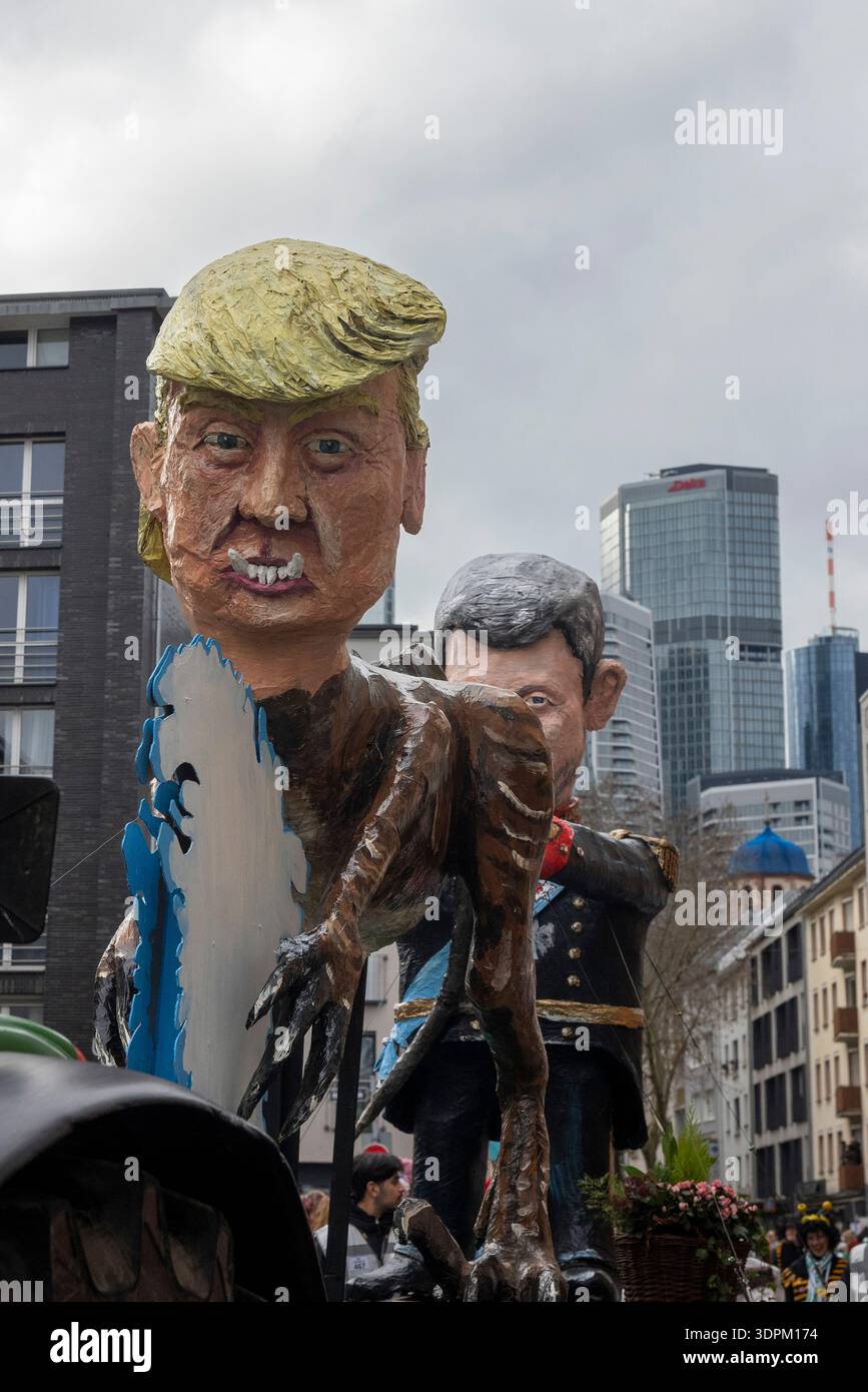 15 February 2026, Hesse, Frankfurt/Main: A float with Donald Trump as a ...