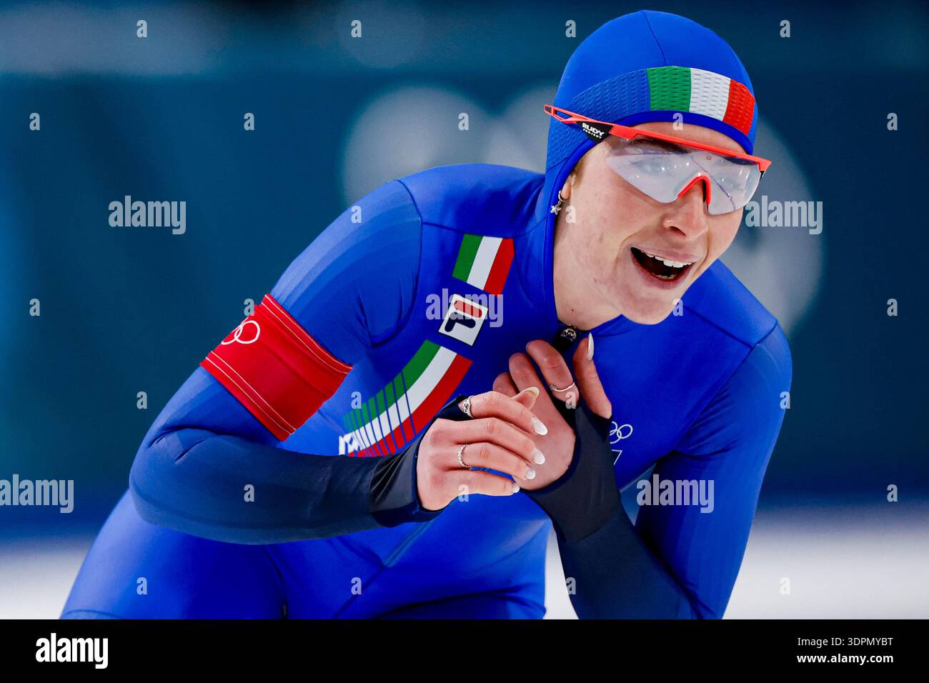 Serena Pergher of Italy celebrates after competing on the Speed Skating ...
