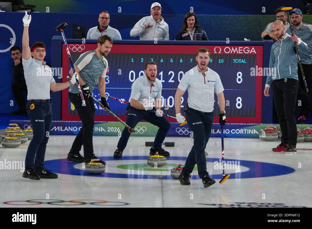 United States' Ben Richardson, Luc Violette, and Aidan Oldenburg react ...