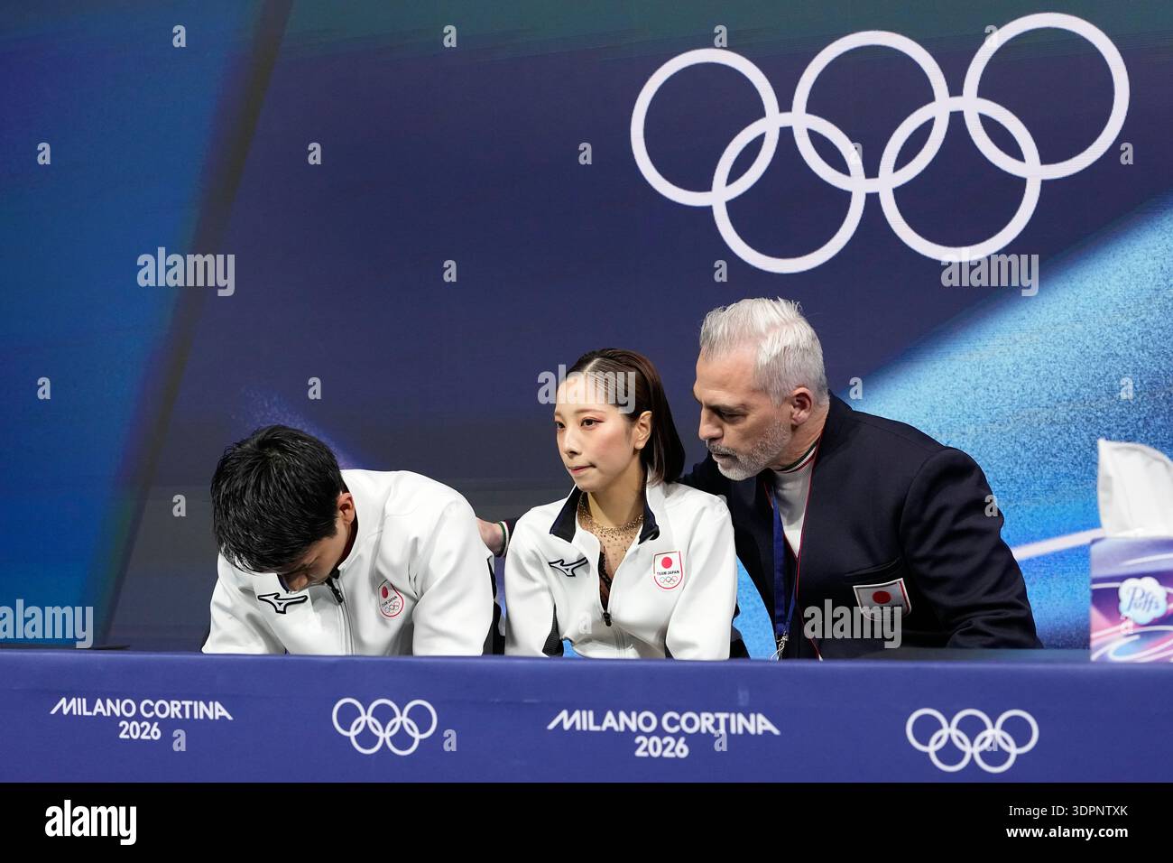 Riku Miura and Ryuichi Kihara of Japan react to their scores after ...