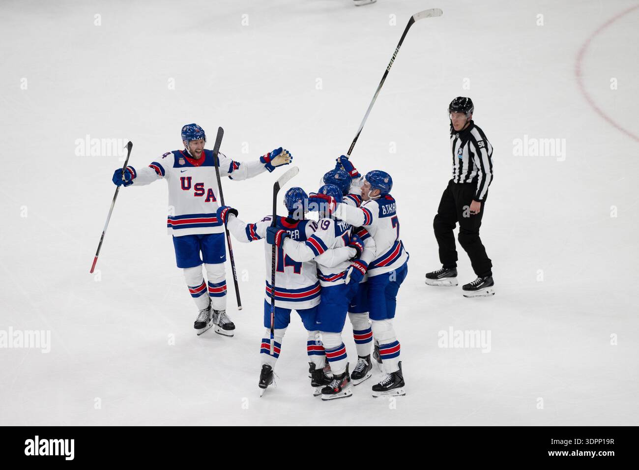 Goal celebration in action during the Menss ice hockey group stage game ...