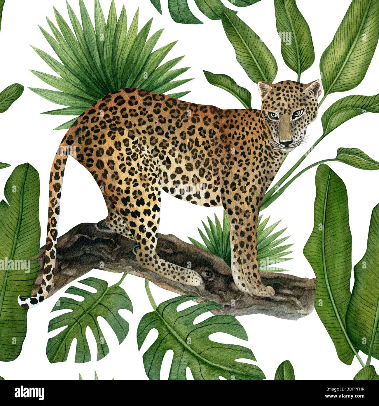 Leopard and tropical leaves seamless pattern. Hand-drawn watercolor ...
