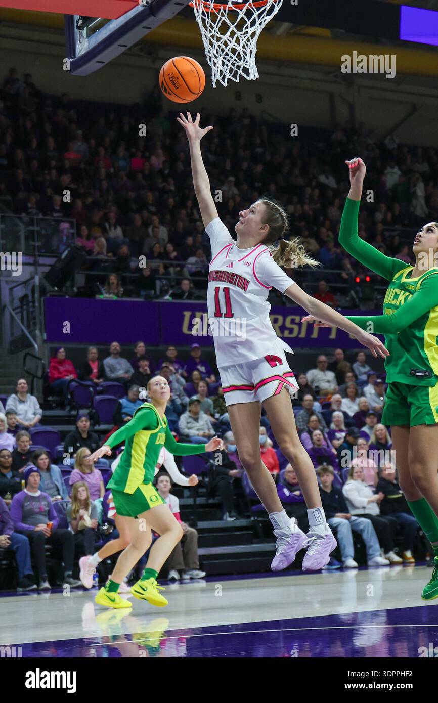February 15th, 2026: Washington Huskies guard Chloe Briggs (11) goes up ...