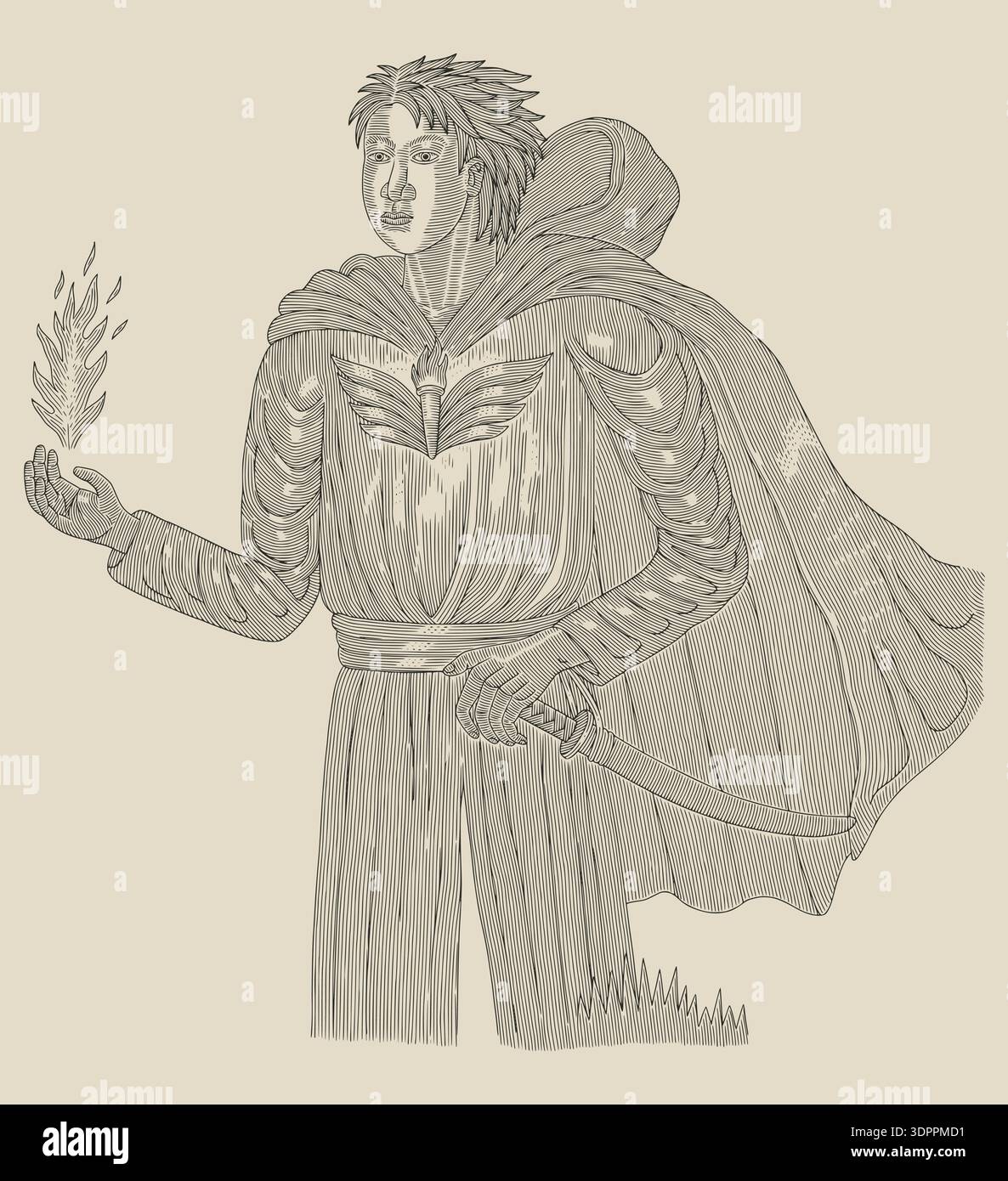 a cloaked man bring sword, Vintage engraving drawing style illustration ...
