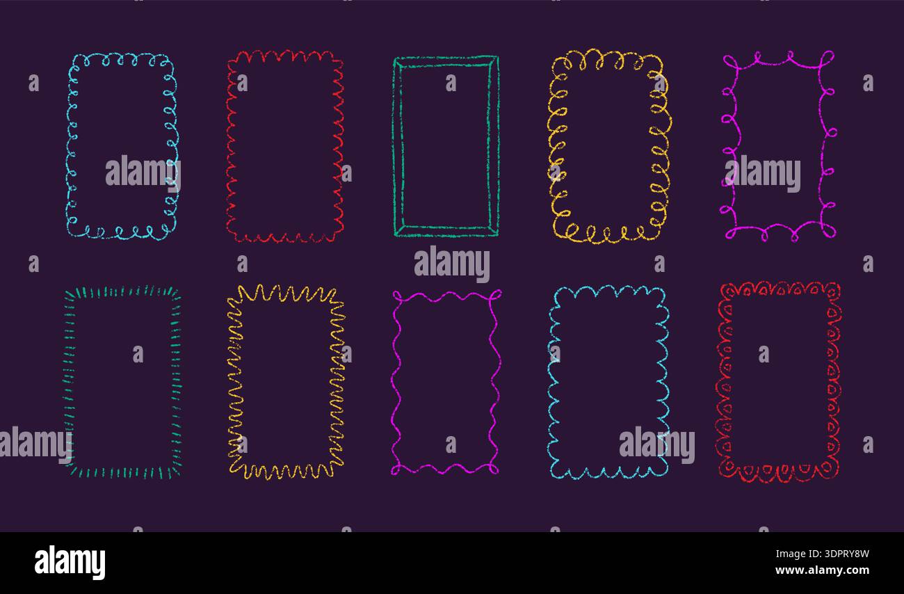 Crayon doodle scalloped frames. Chalk wavy hand drawn borders. Neon ...
