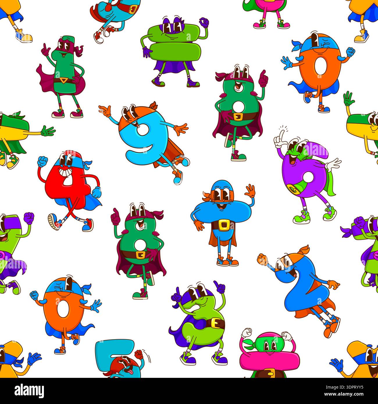 Math number groovy superhero characters seamless vector pattern. Heroic ...