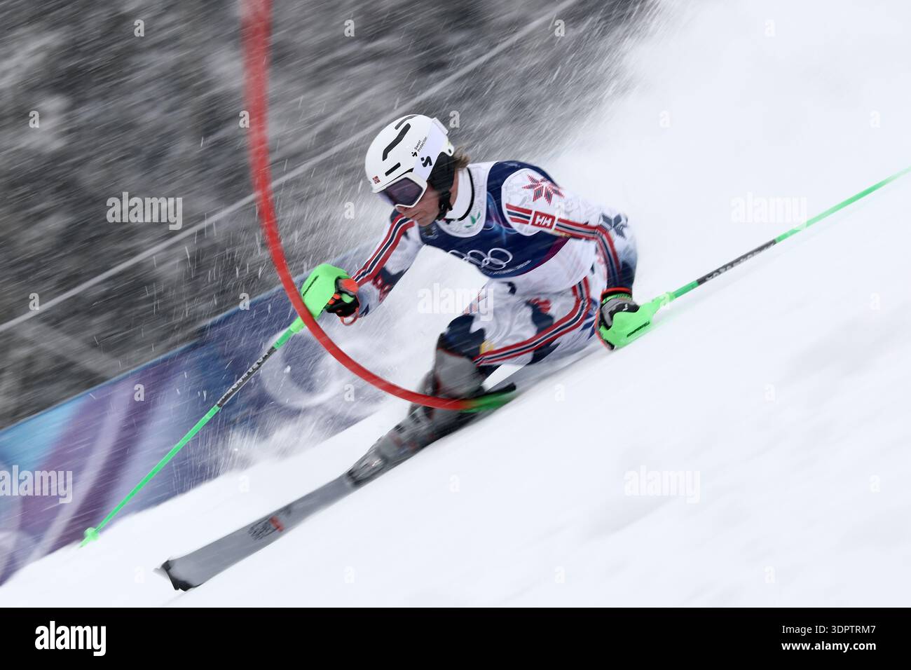 Norway's Timon Haugan speeds down the course, during an alpine ski, men ...