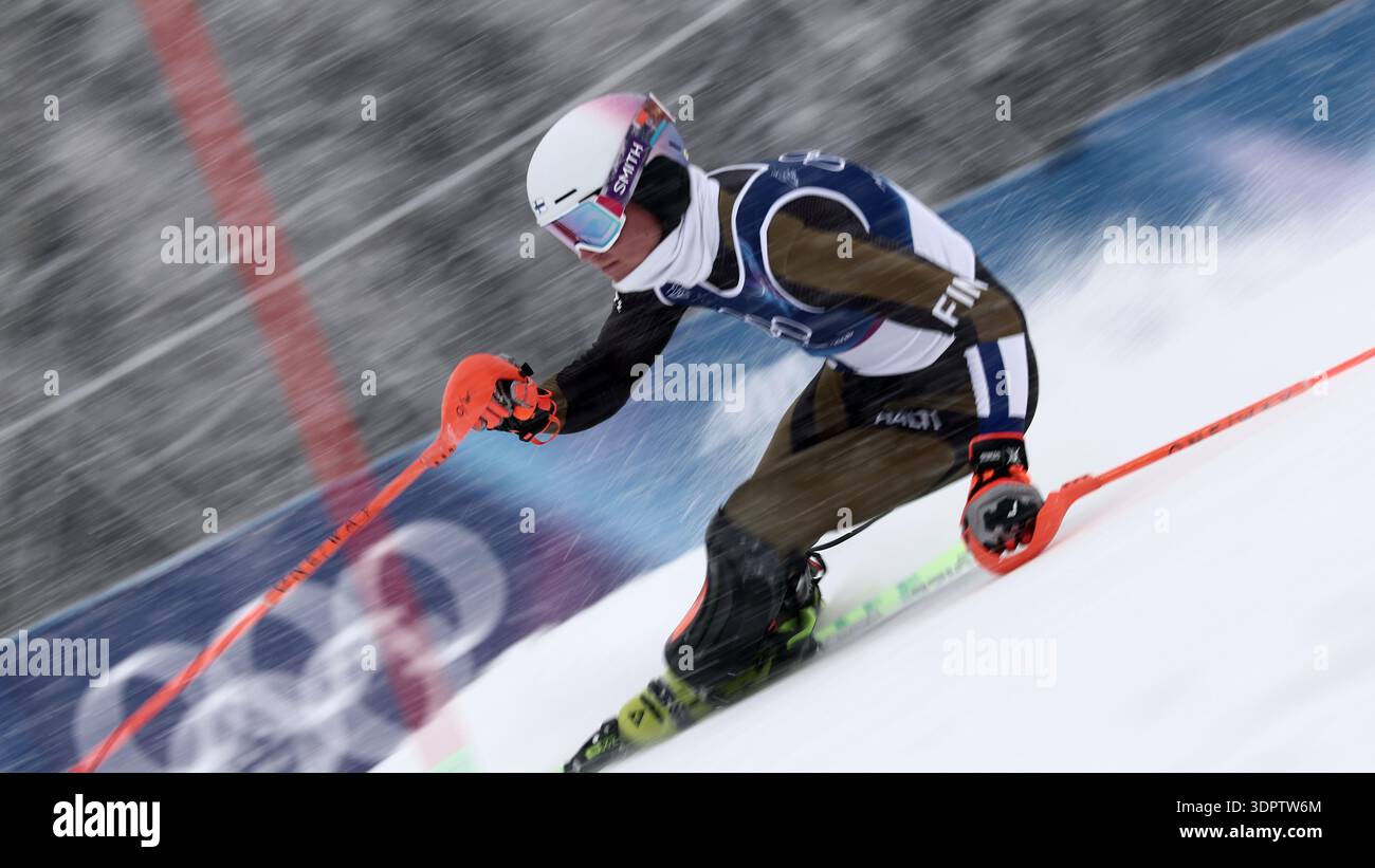 Finland's Eduard Hallberg speeds down the course, during an alpine ski ...