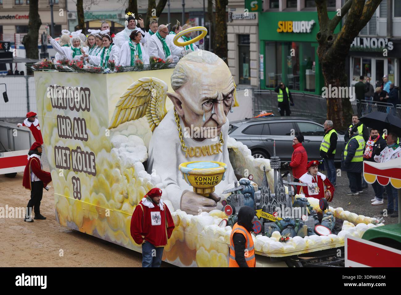 Cologne, Germany. 16th Feb, 2026. A themed float with Konrad Adenauer ...