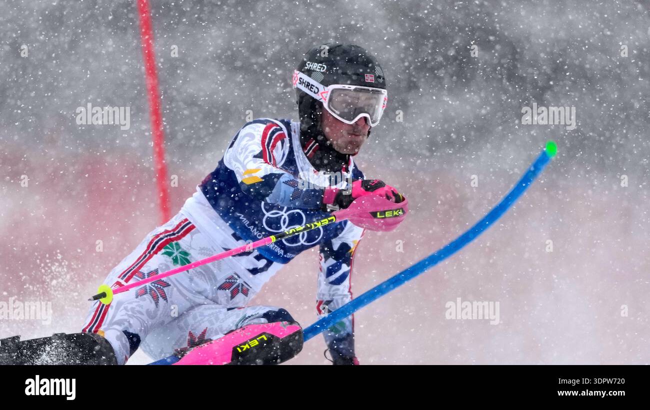 Norway's Eirik Hystad Solberg speeds down the course, during an alpine ...
