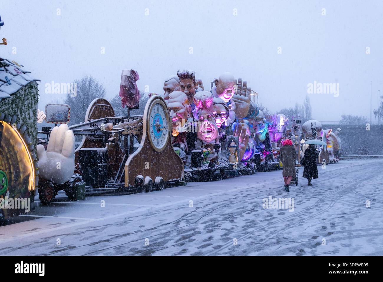 AALST, BELGIUM, 15 FEBRUARY 2026: Snow covered carnival floats at Aalst ...