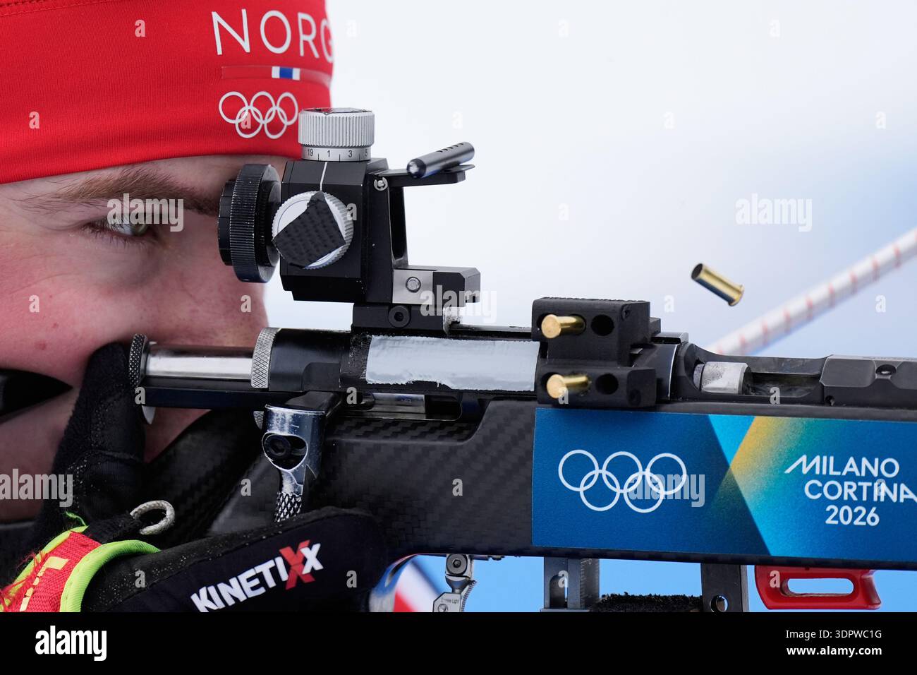 Isak Leknes Frey, of Noway, shoots during a biathlon training session ...