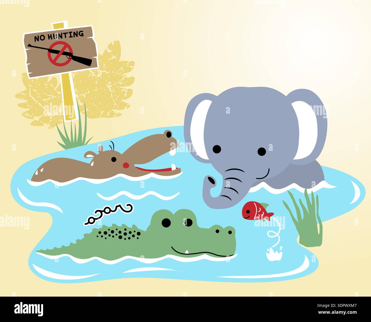 Elephant, hippo, and crocodile in water with conservation sign Stock ...