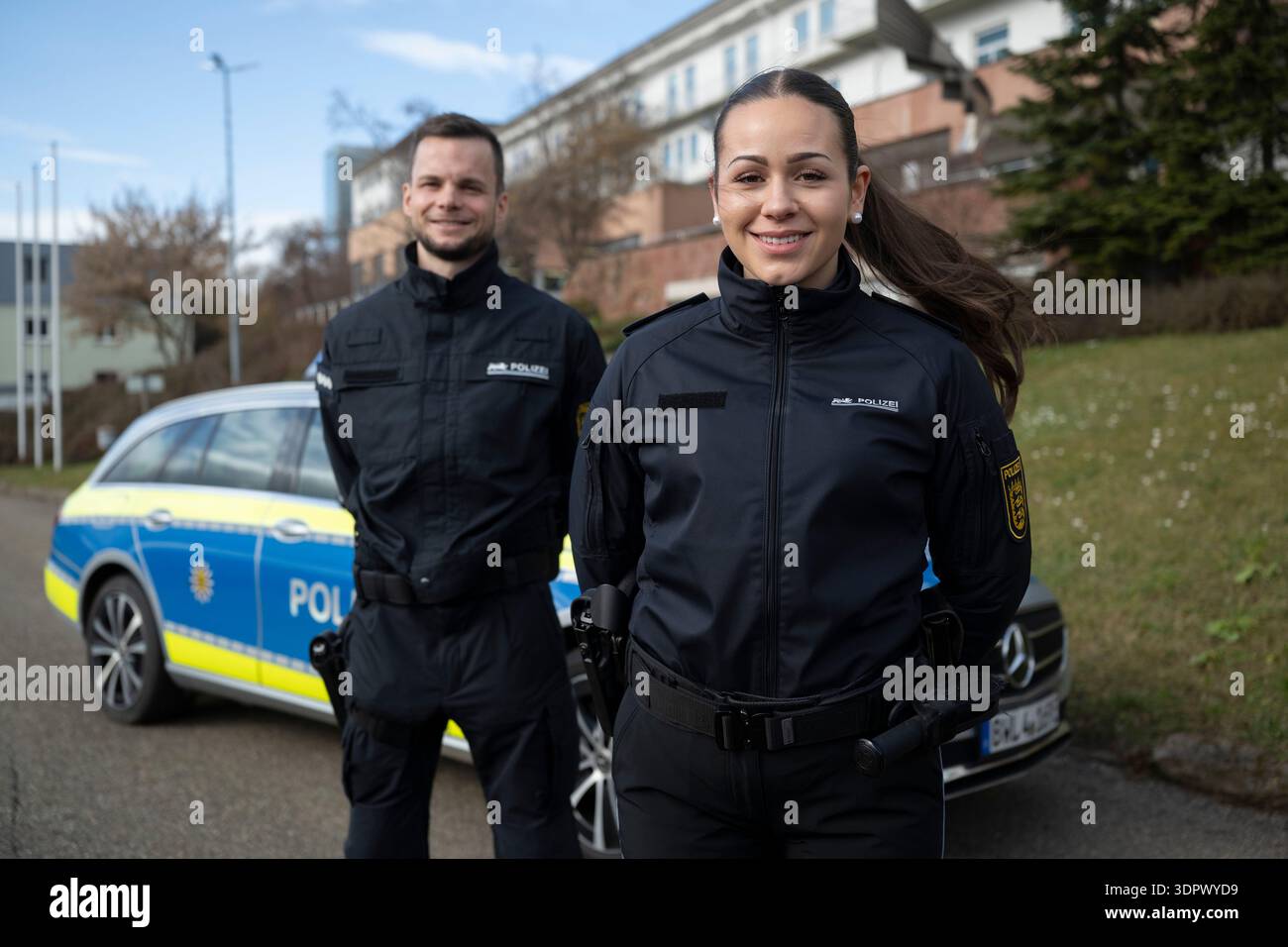 16 February 2026, Baden-Württemberg, Stuttgart: Two police officers ...