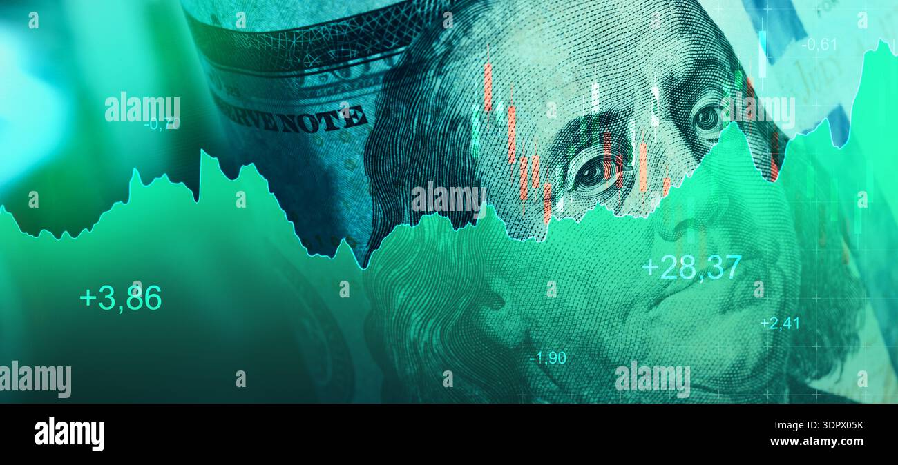 Stock market graph shows changes with hundred dollar bill in background ...