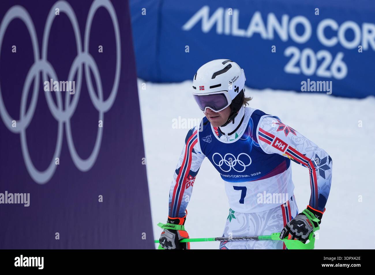 Norway's Timon Haugan at the finish area of an alpine ski, men's slalom ...