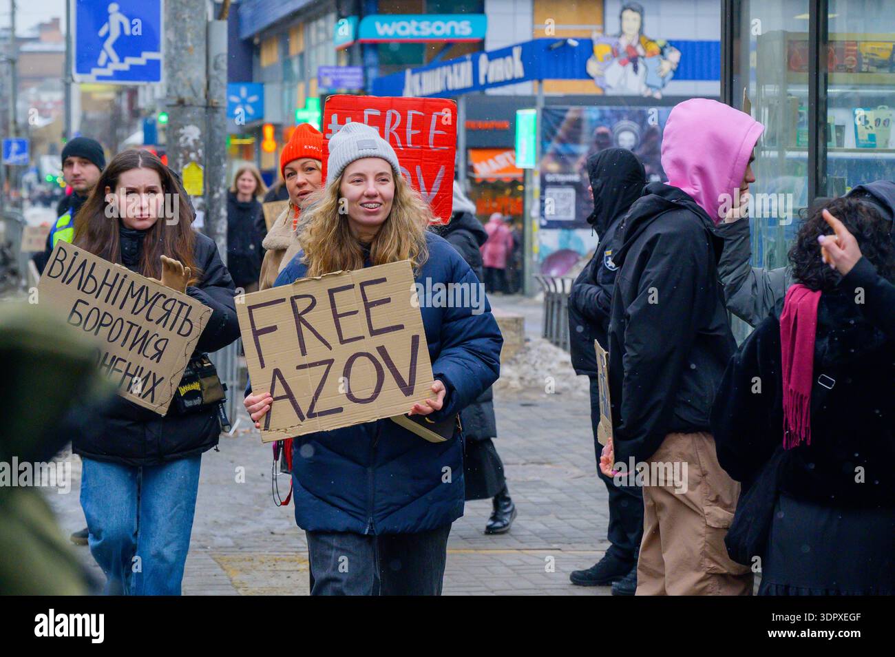 Kyiv, Ukraine - 16th February,2026: People protesting on a city street ...