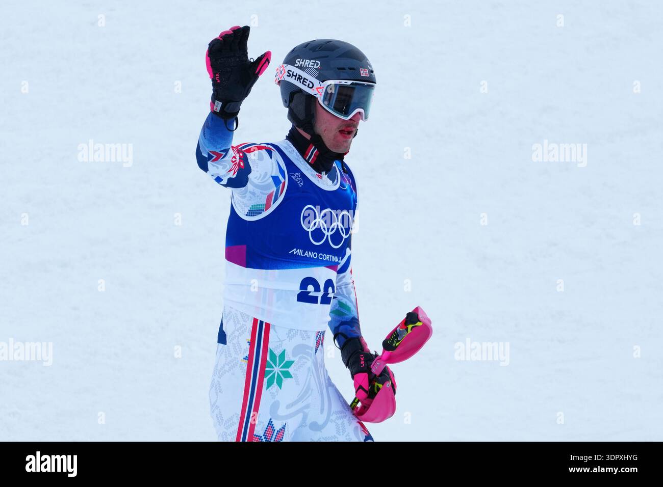 Norway's Eirik Hystad Solberg waves at the finish area of an alpine ski ...