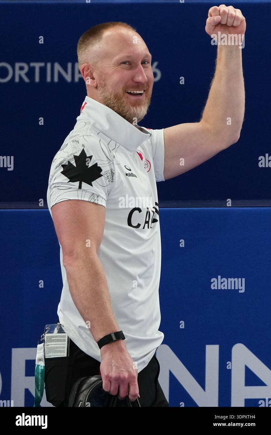Canada's Brad Jacobs reacts after the men's curling round robin session ...
