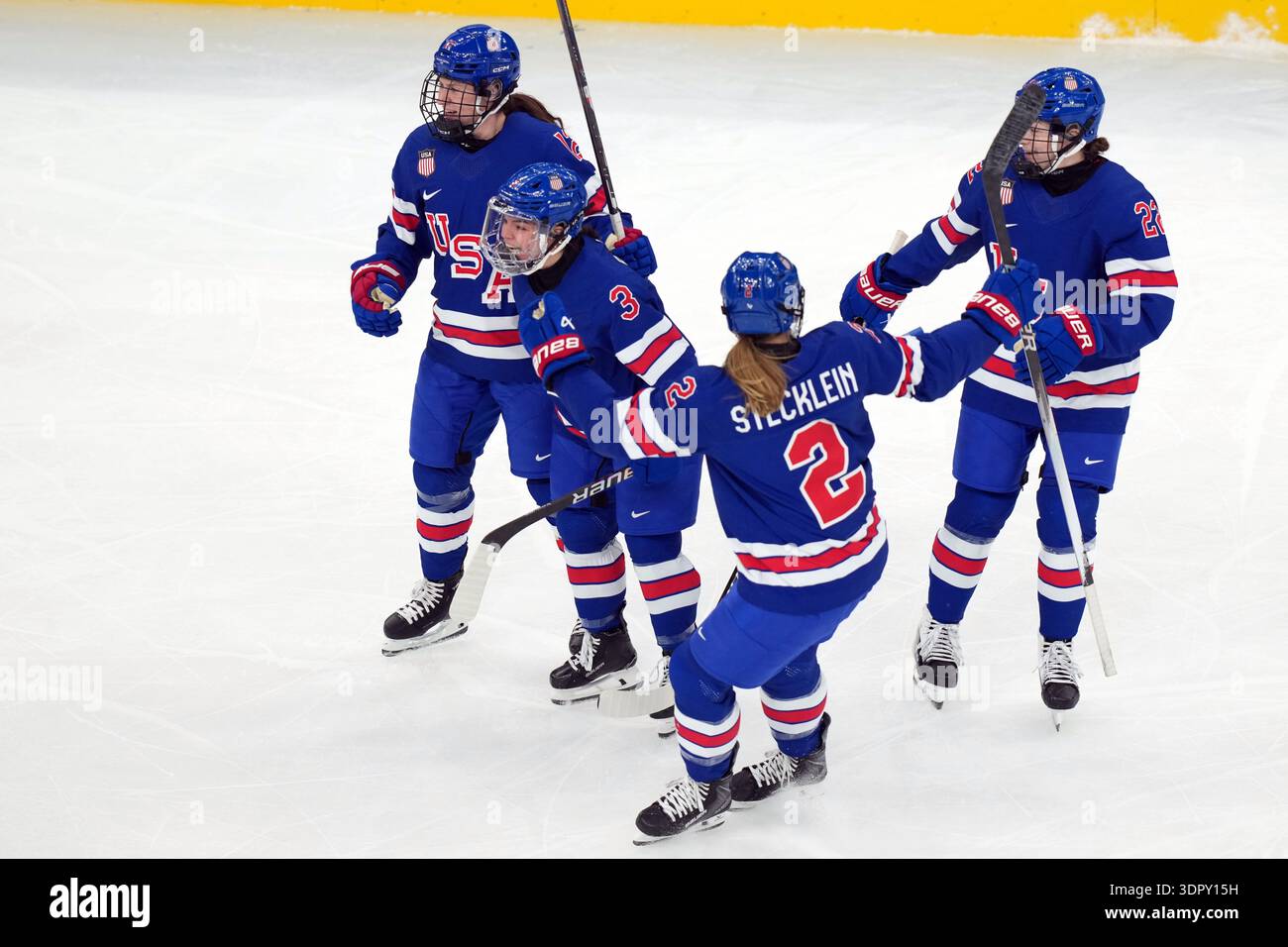 United States' Cayla Barnes (3) is congratulated after scoring a goal ...