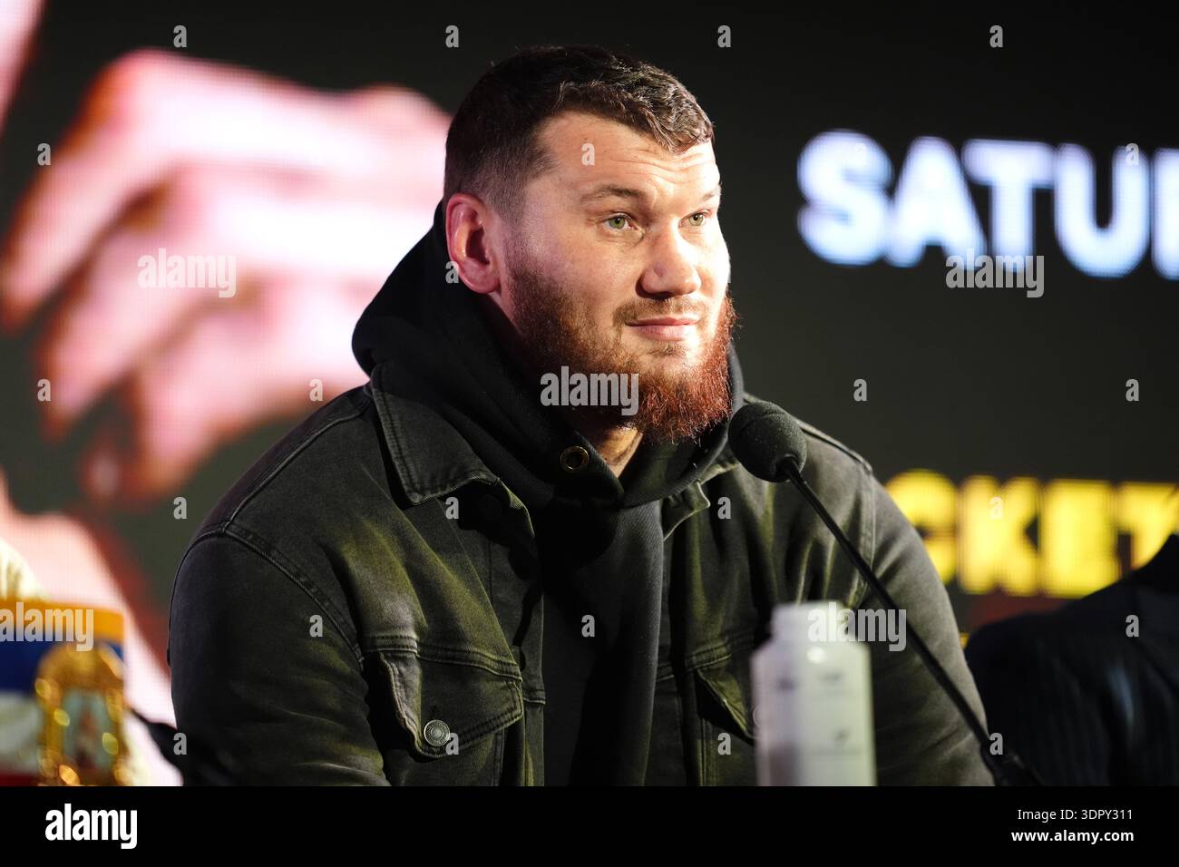 Boxer Arslanbek Makhmudov during a press conference at the Tottenham ...