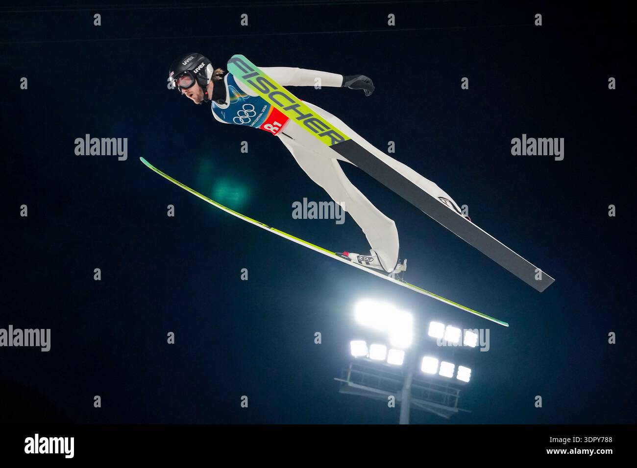 Kevin Bickner, of the United States, soars through the air during his ...