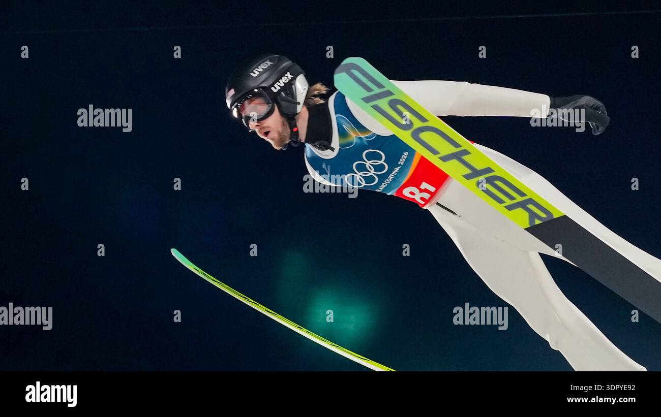 Kevin Bickner, of the United States, soars through the air during his ...