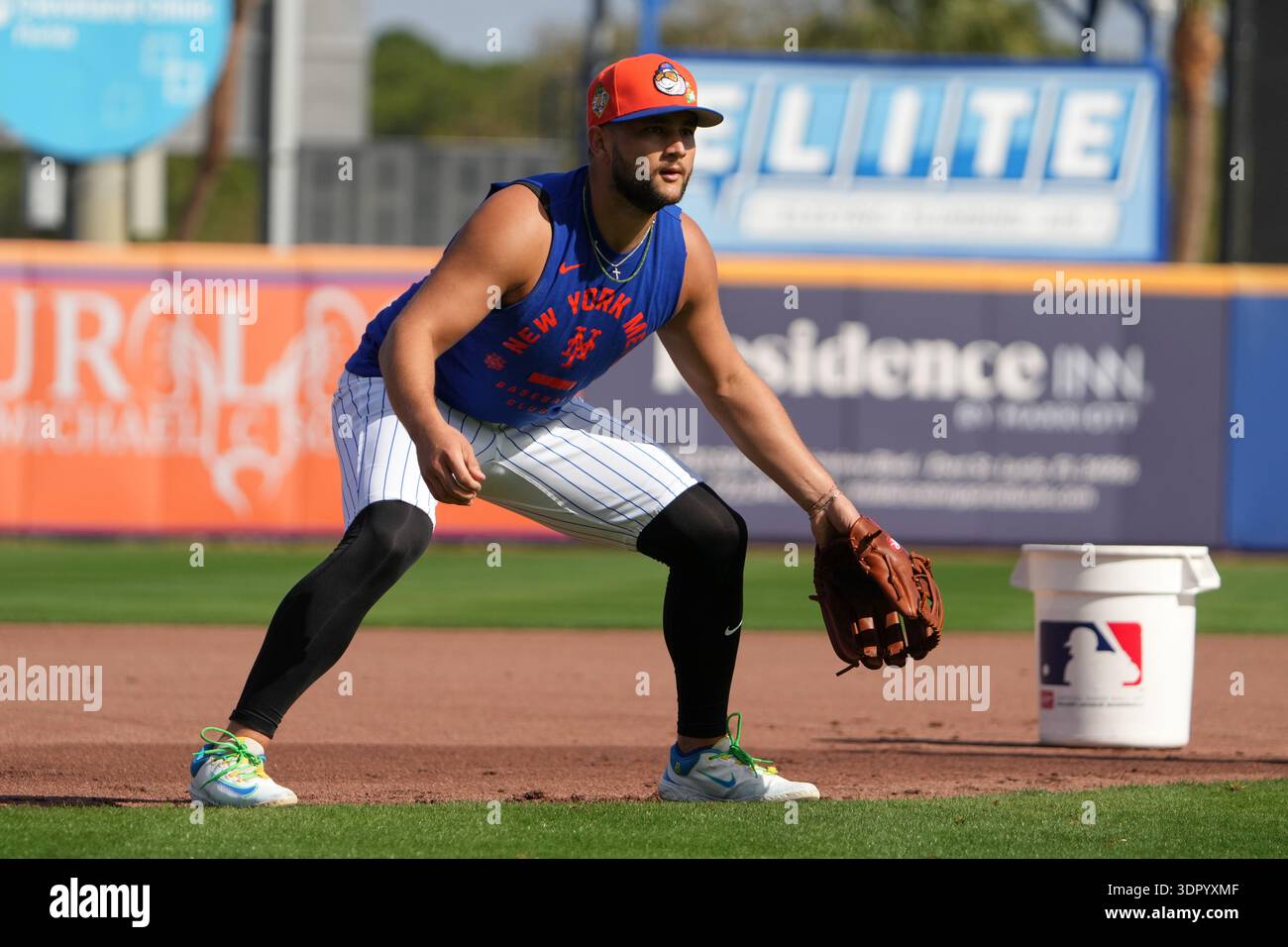 New York Mets infielder Bo Bichette takes up his position during a ...
