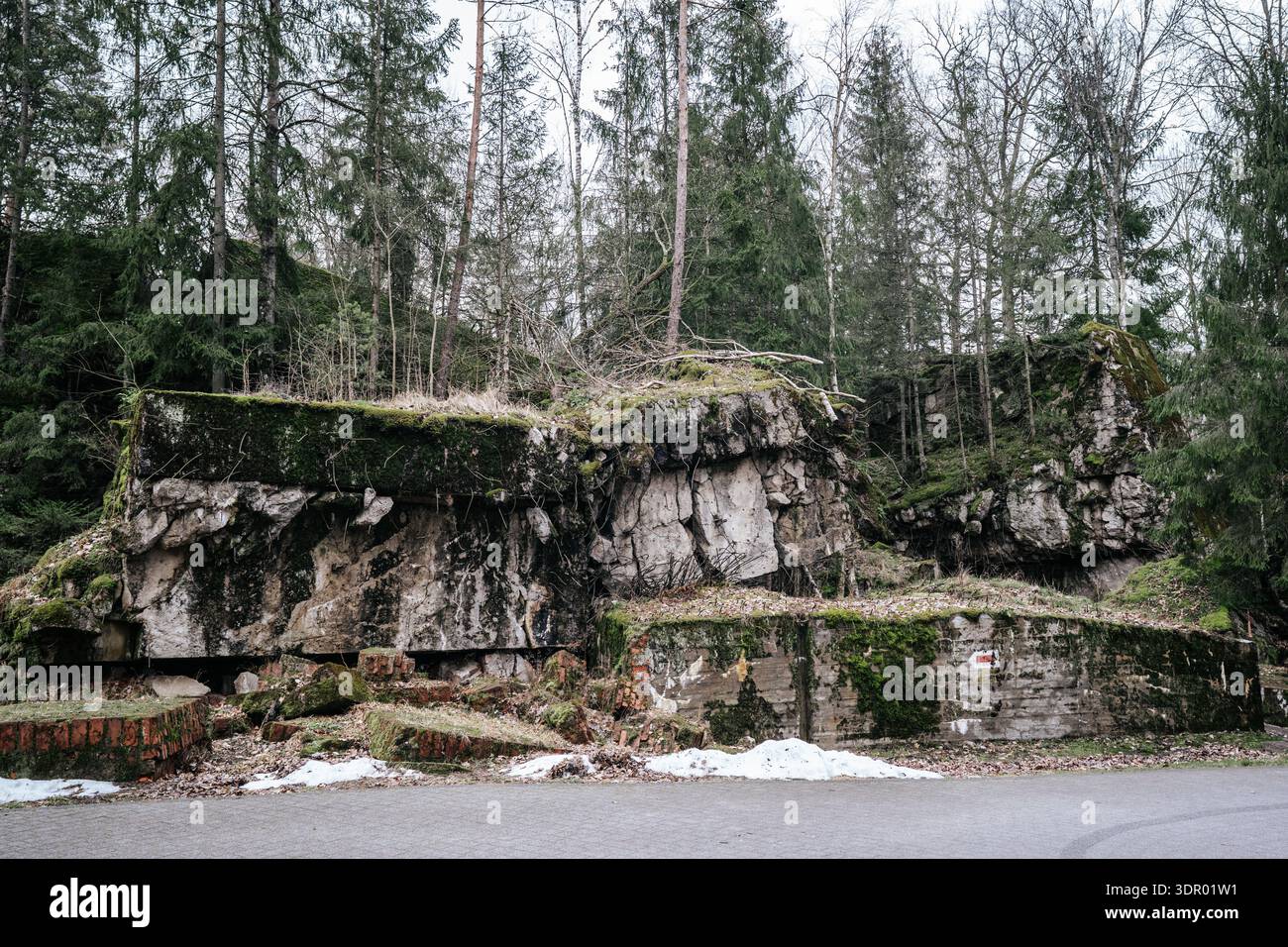 Fragmented remains of reinforced concrete bunkers and fortifications at ...