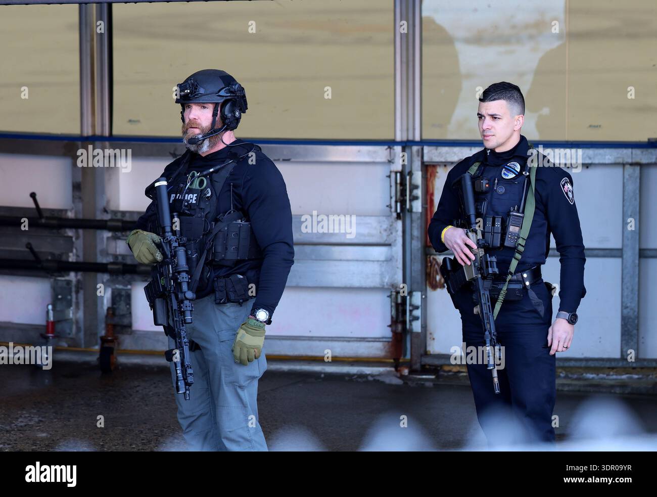 Police stand at an entrance to Lynch Arena in Pawtucket, R.I. after a ...