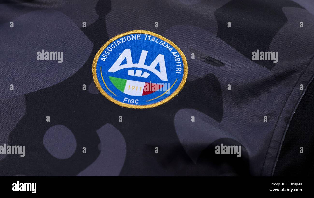 A deatail shot shows the logo of AIA (Italian Referees Association) on ...