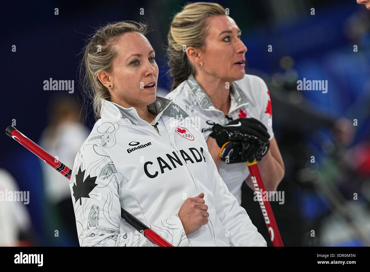 Canada's Rachel Homan, and Emma Miskew react during the women's curling ...